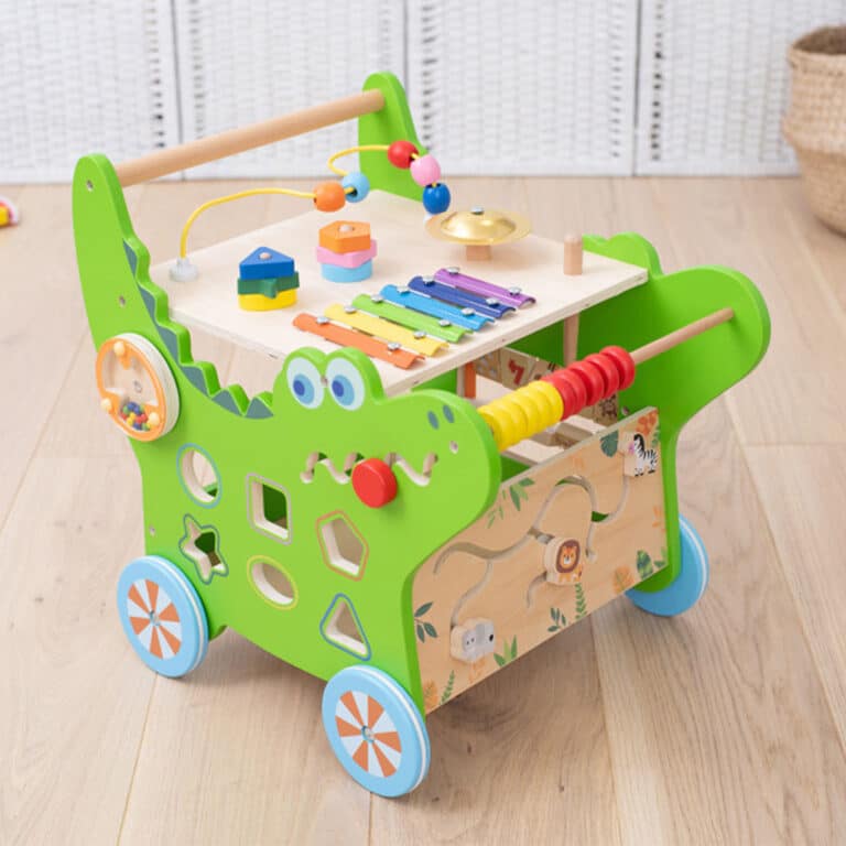 Houten loopwagen met speelelementen Viga, krokodil - Jindl